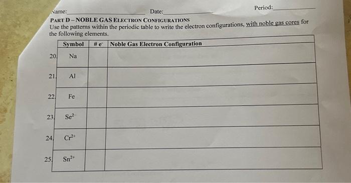 Solved PART D-NOBLE GAS ElECTRON CONFIGURATIONS Use the | Chegg.com