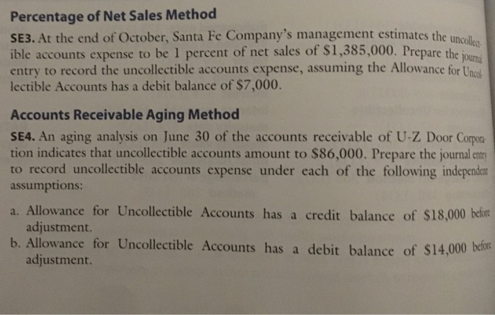 Solved Percentage of Net Sales Method SE3. At the end of | Chegg.com