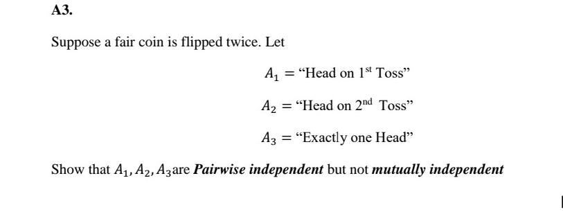 Solved A3. Suppose a fair coin is flipped twice. Let A1 = | Chegg.com