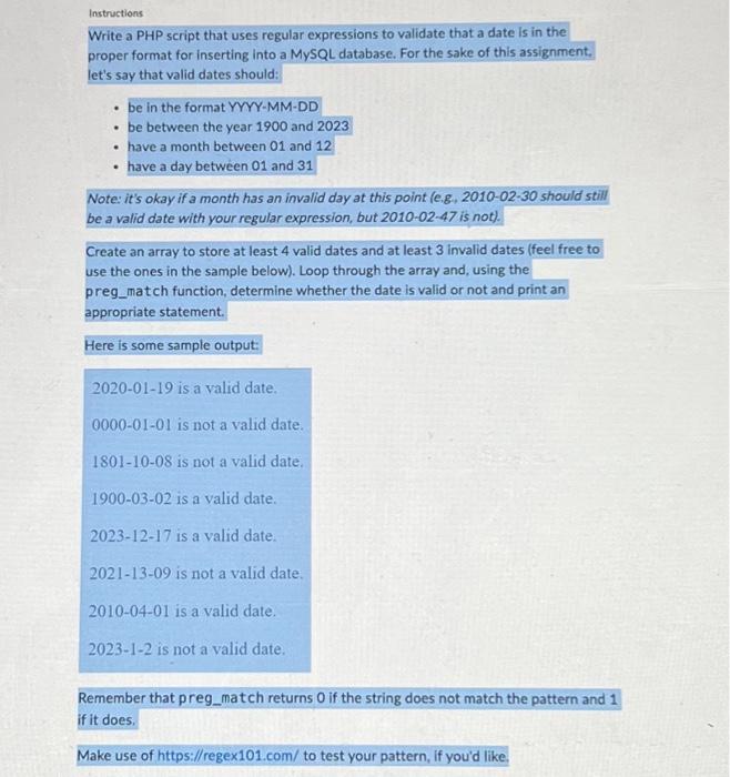 Instructions. Write a PHP script that uses regular | Chegg.com