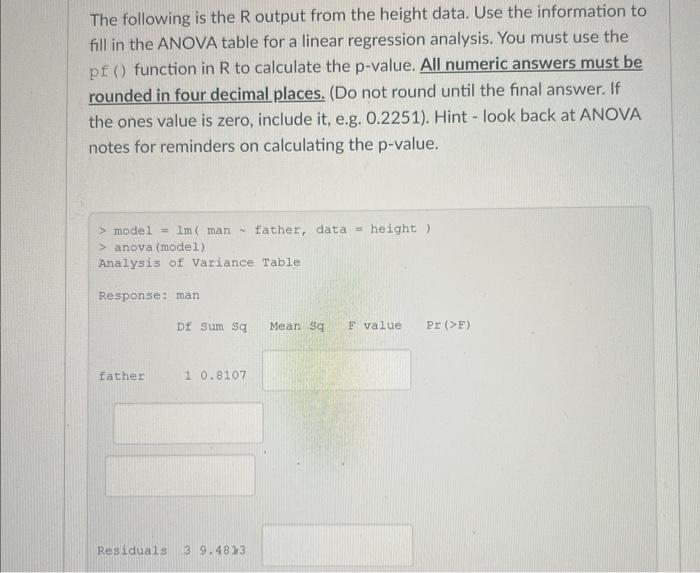 Solved The following is the R output from the height data. | Chegg.com