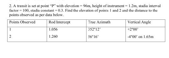 Solved 2. A transit is set at point "P" with elevation = | Chegg.com