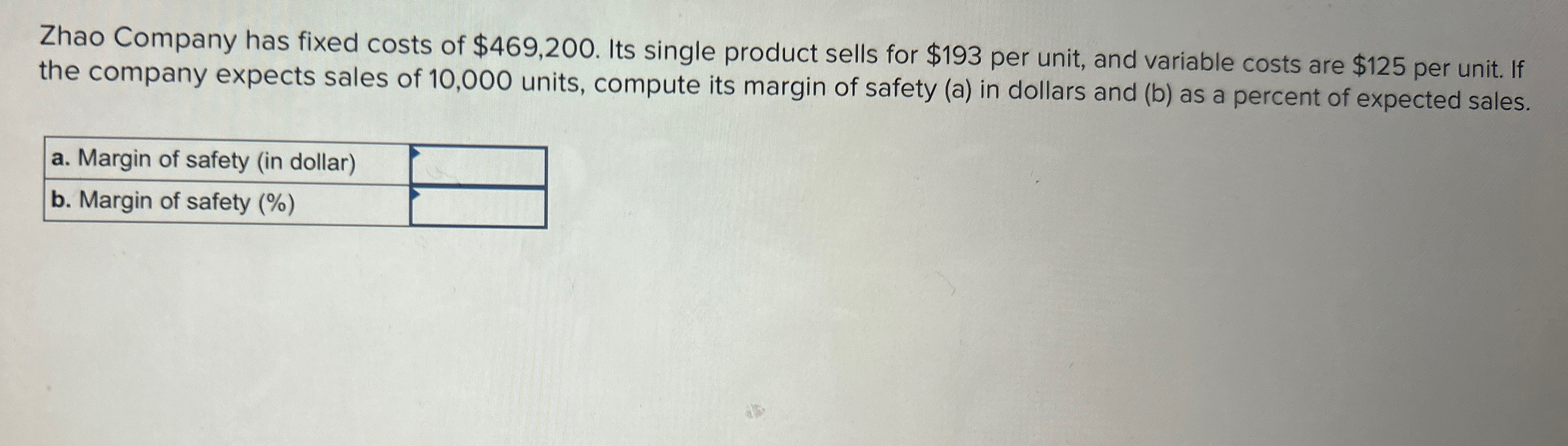 Solved Zhao Company has fixed costs of $469,200. ﻿Its single | Chegg.com