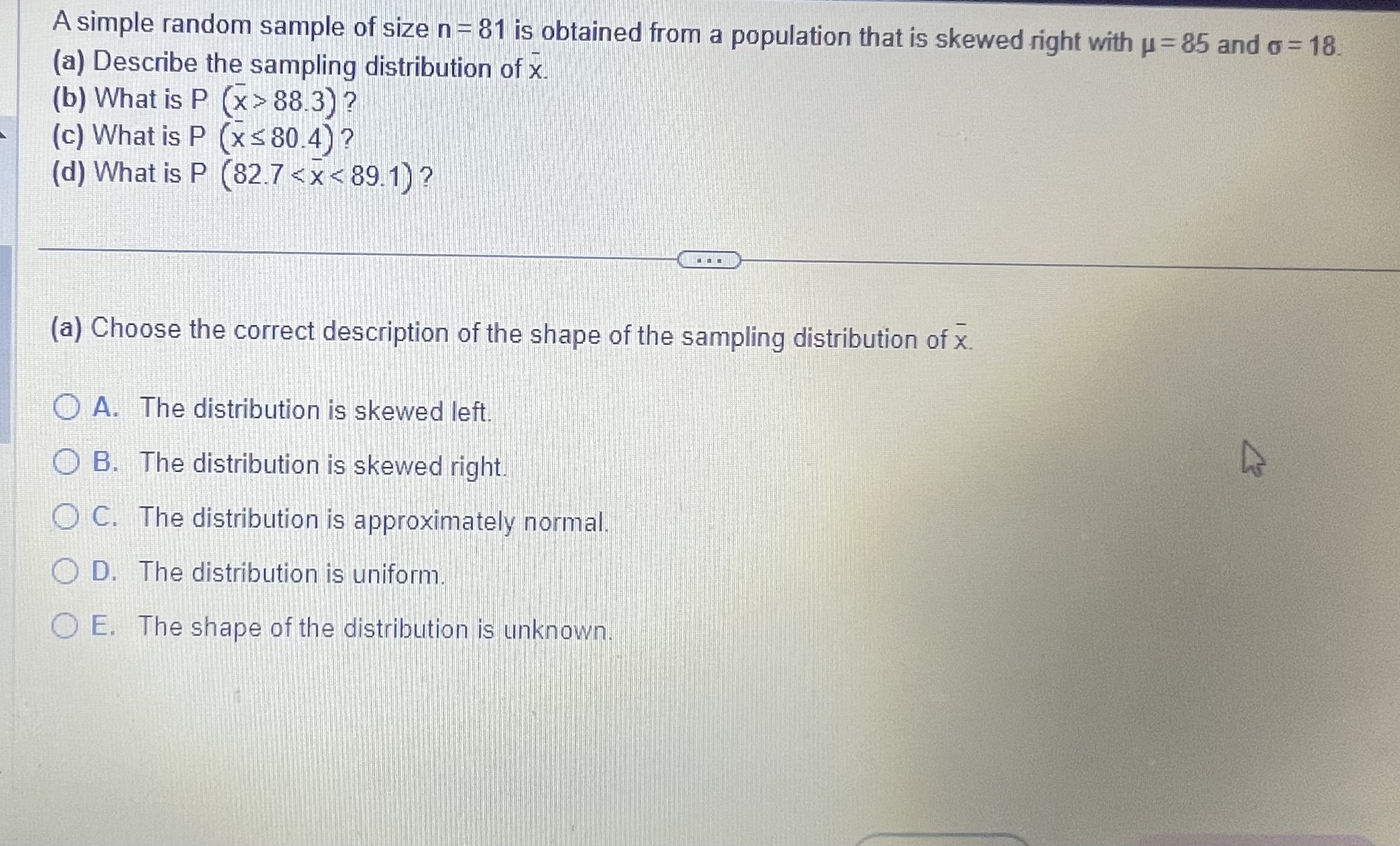 A simple random sample of size n=81 ﻿is obtained from | Chegg.com