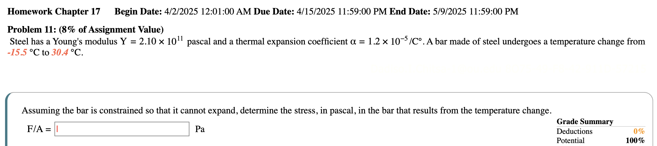 Solved 8% of ﻿Assignment ValueY=2.10×1011 ﻿pascal and a | Chegg.com