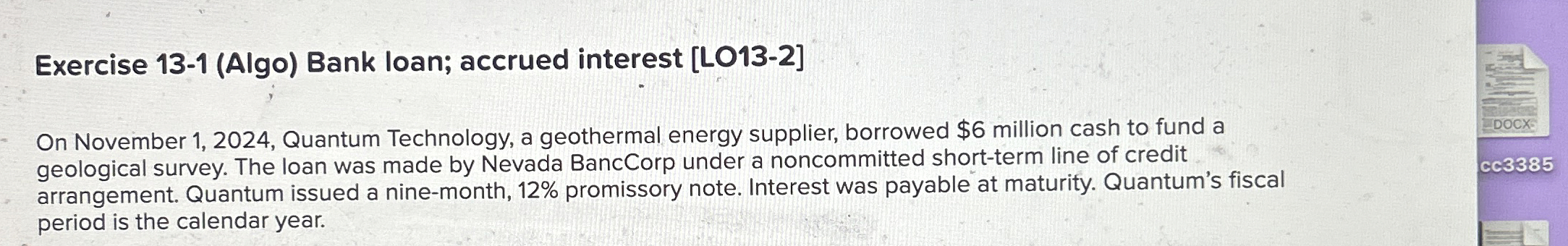 Solved Exercise 13-1 (Algo) ﻿Bank loan; accrued interest | Chegg.com