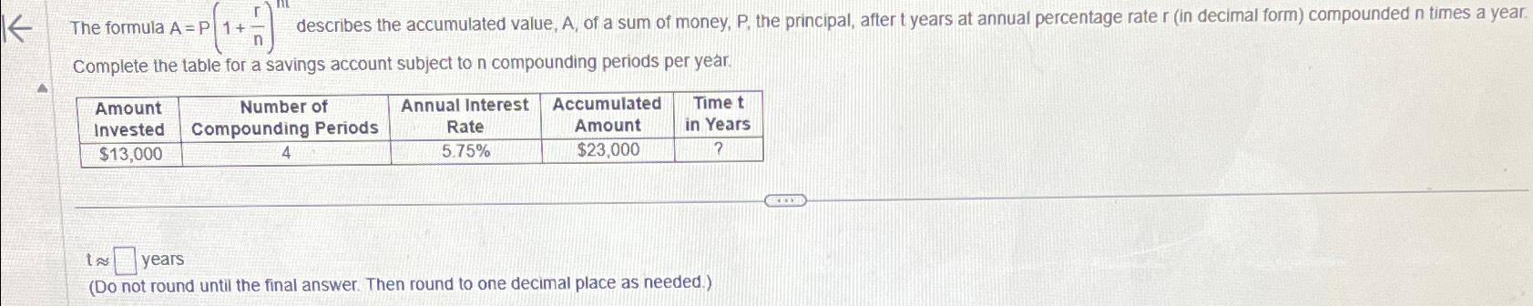 Solved The formula A=P(1+rn)nit ﻿describes the accumulated | Chegg.com