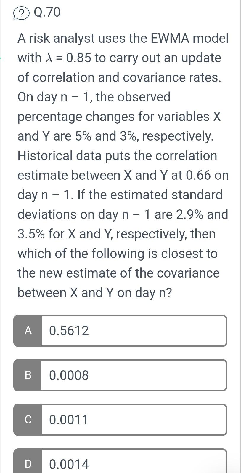 Solved A risk analyst uses the EWMA model with λ=0.85 to | Chegg.com