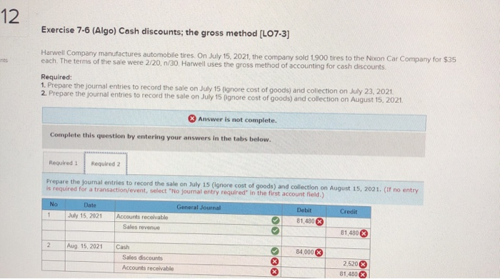 Solved Exercise 7-6 (Algo) Cash discounts; the gross method | Chegg.com