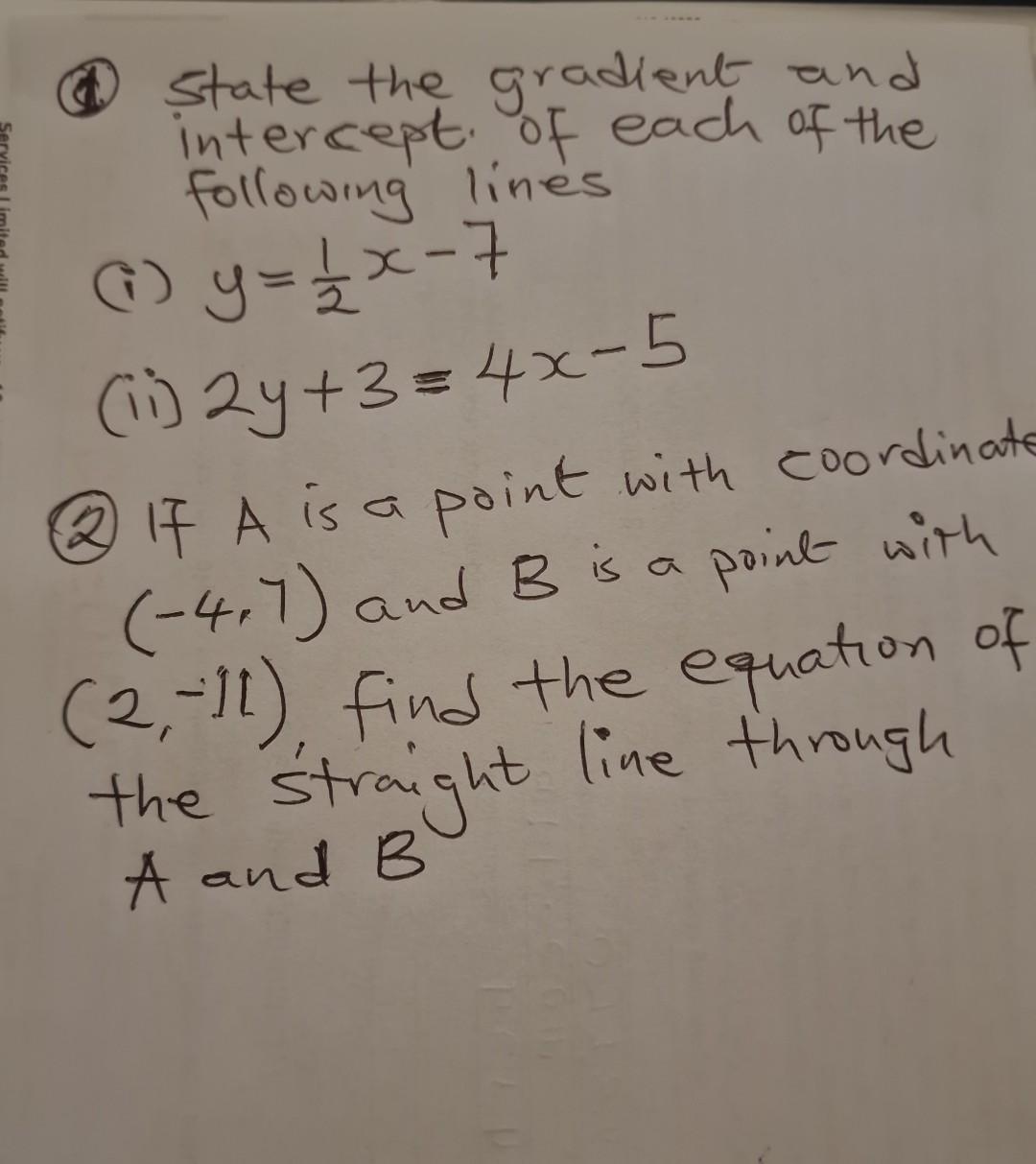 Solved (1) State the gradient and intercept. of each of the | Chegg.com