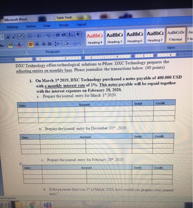 Solved Table Tools Microsoft Word View Review Design Layout | Chegg.com