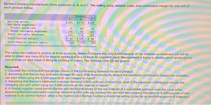Solved Barlow Company manufactures three products-A, B, and | Chegg.com