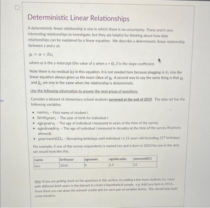 Deterministic Linear Relationships A deterministic | Chegg.com