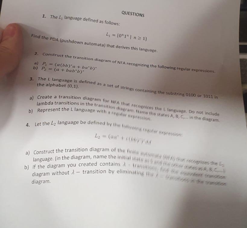 Solved QUESTIONSThe L1 ﻿language defined as | Chegg.com