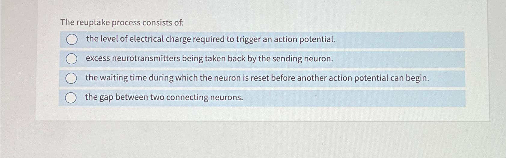 Solved The reuptake process consists of:the level of | Chegg.com