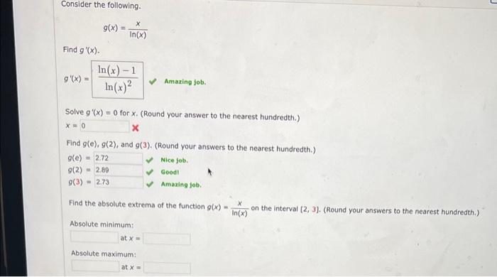 Solved Consider the following. g(x)=ln(x)x Find g′(x) | Chegg.com