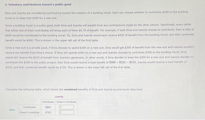 Solved 3. Voluntary contributions toward a public good Dina | Chegg.com