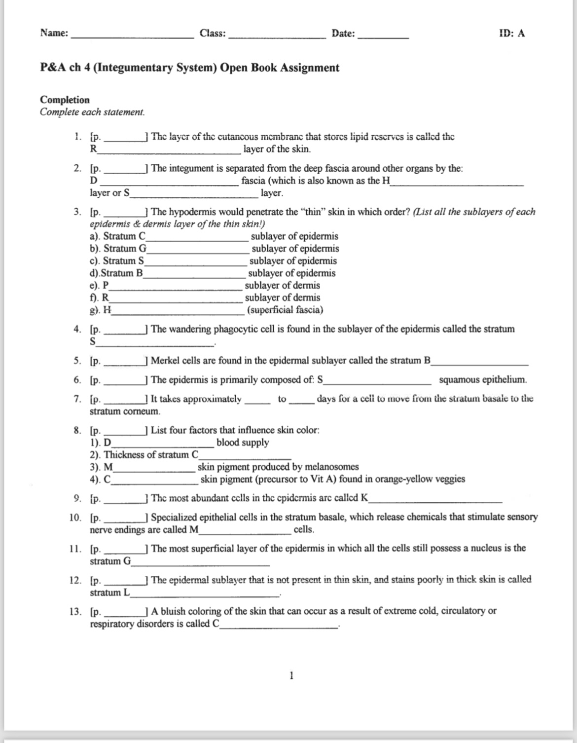 Solved Name:Class:Date:ID: AP&A ch 4 (Integumentary System) | Chegg.com