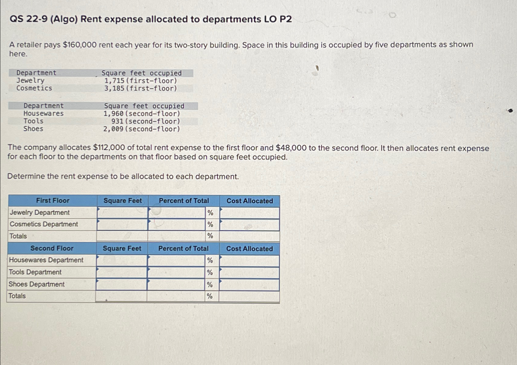 Solved QS 22-9 (Algo) ﻿Rent expense allocated to departments | Chegg.com