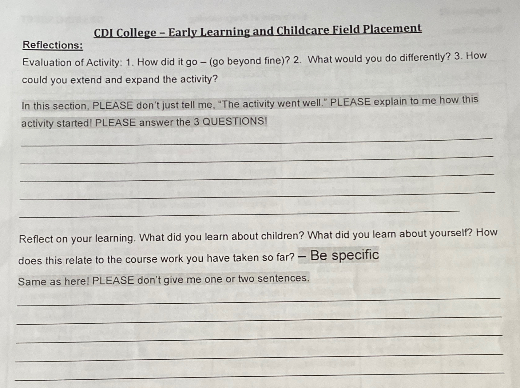 Solved CDI College - ﻿Early Learning and Childcare Field | Chegg.com