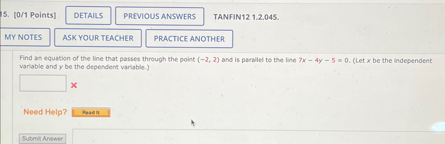 Solved [0/1 ﻿Points]TANFIN12 1.2.045.Find an equation of the | Chegg.com