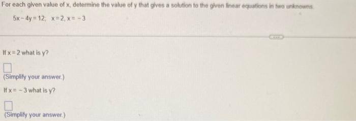 Solved For each given value of x, determine the value of y | Chegg.com