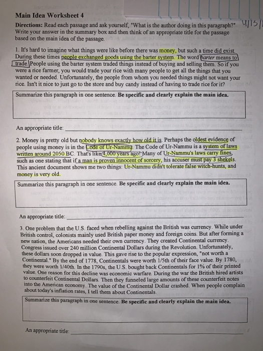 Main Idea Worksheet 4 Directions Read Each Passag Chegg