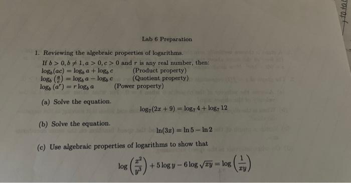Solved 1. Reviewing the algebraic properties of logarithms. | Chegg.com