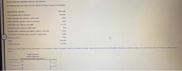 Solved Income Statement indicating Standard Cost Variances | Chegg.com