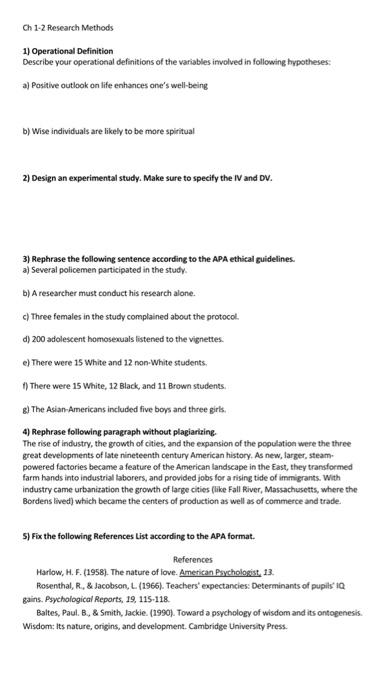 Solved Ch 1-2 Research Methods 1) Operational Definition | Chegg.com