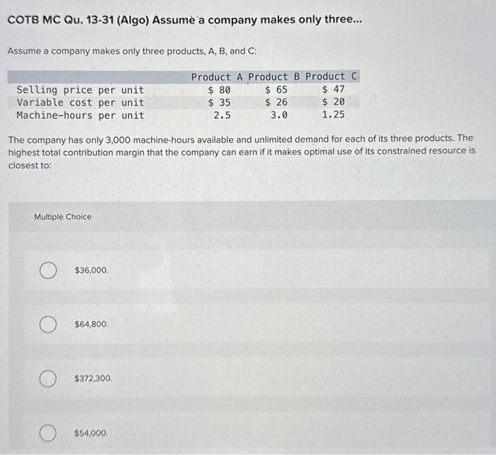 Solved COTB MC Qu. 13-31 (Algo) Assume a company makes only | Chegg.com