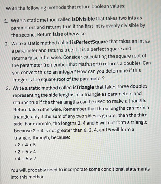 Solved Write the following methods that return boolean | Chegg.com