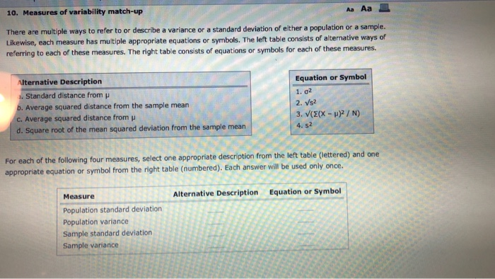 Solved A Aa 10. Measures of variability match-up There are | Chegg.com
