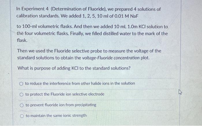 In Experiment 4 (Determination of Fluoride), we | Chegg.com
