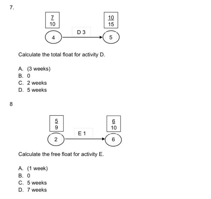 Solved 7. 7 10 10 15 D3 4 5 Calculate the total float for | Chegg.com