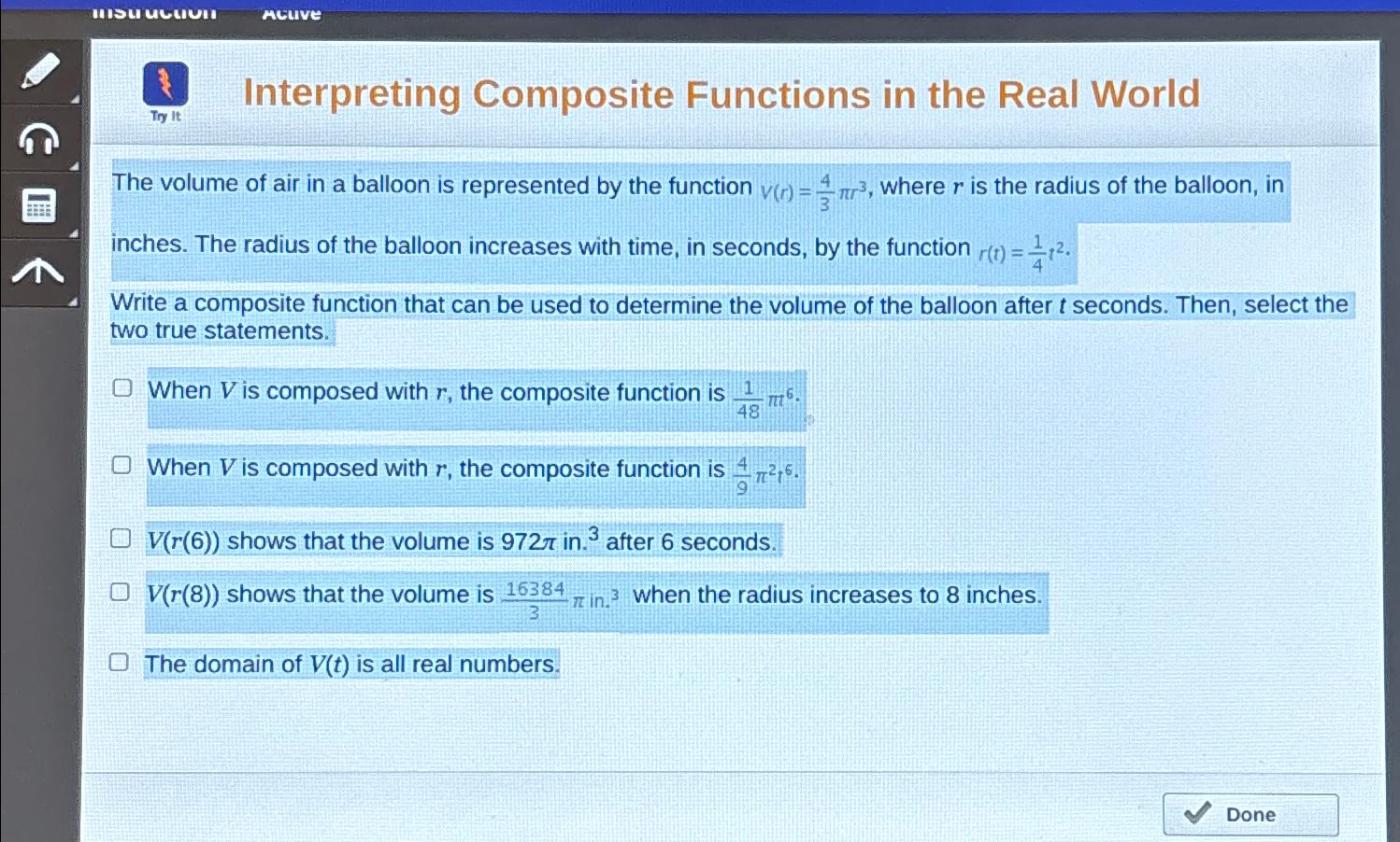 Solved The volume of air in a balloon is represented by the | Chegg.com