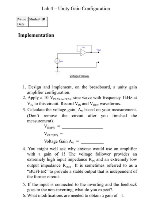Solved Lab 4 - Unity Gain Configuration Name : Student ID | Chegg.com