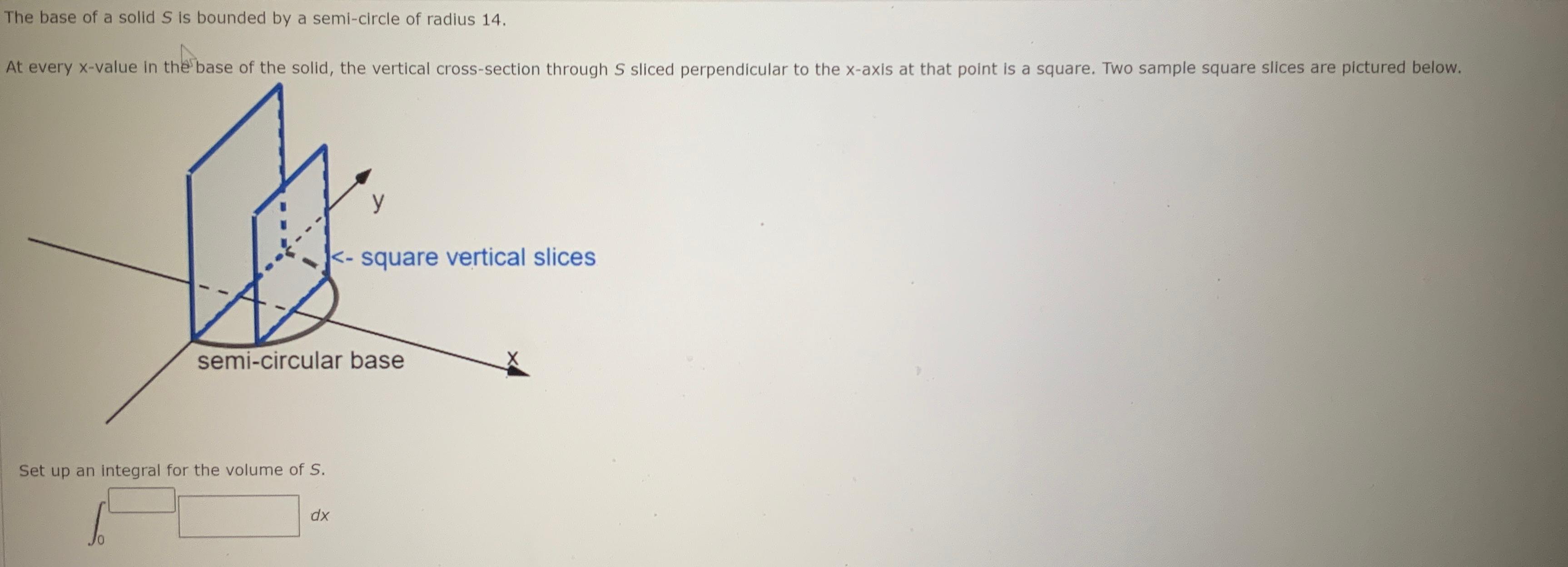Solved The base of a solid S ﻿is bounded by a semi-circle of | Chegg.com