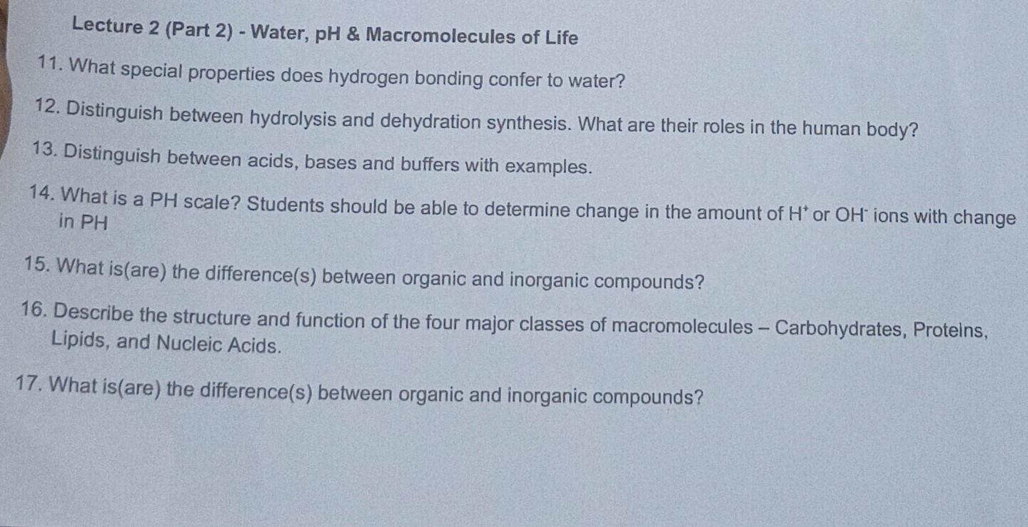 Lecture 2 (Part 2) - Water, pH \& Macromolecules of | Chegg.com