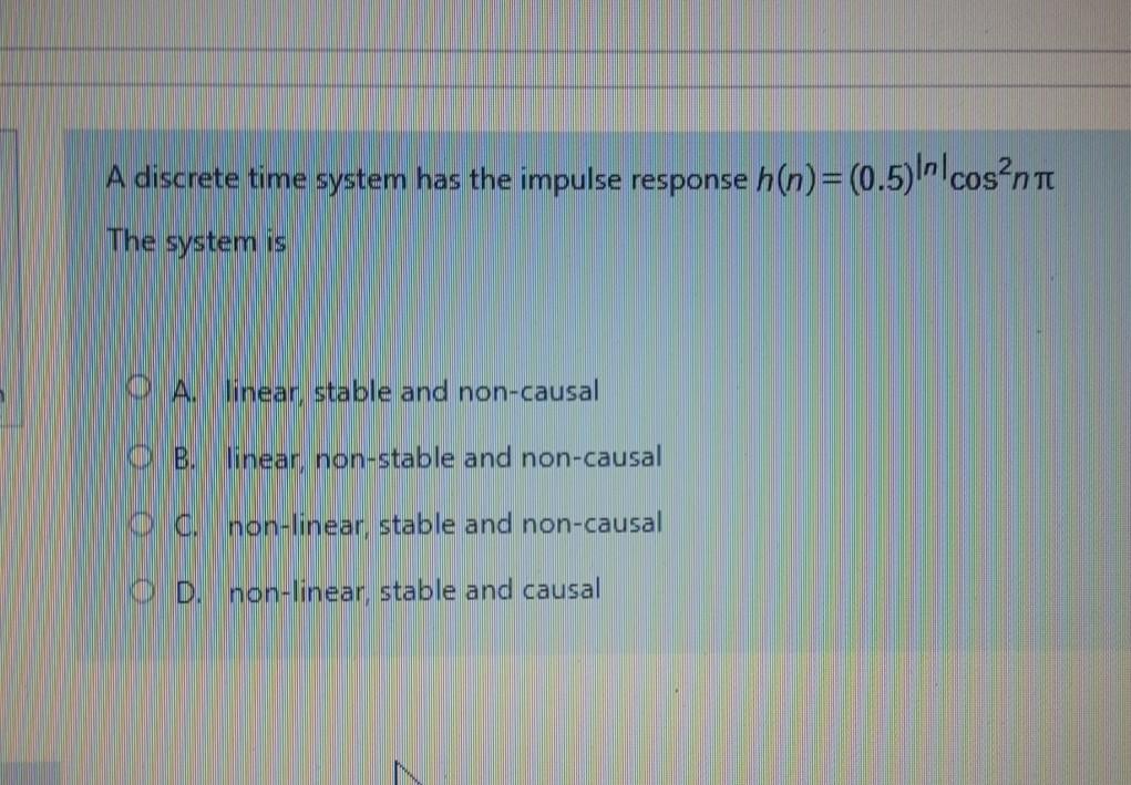 Solved A discrete time system has the impulse response h(n)= | Chegg.com