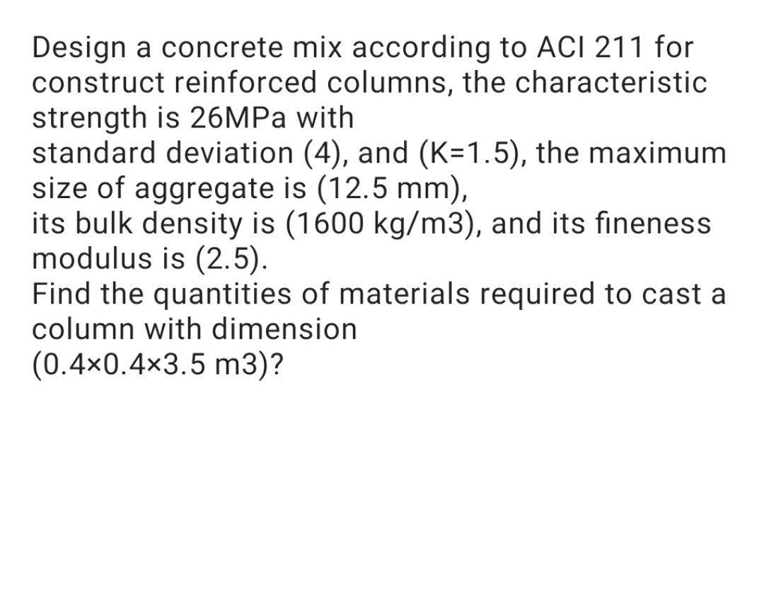 Solved Design a concrete mix according to ACI 211 for | Chegg.com