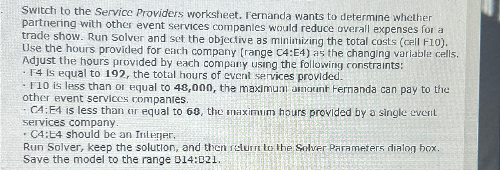 Solved Switch to the Service Providers worksheet. Fernanda | Chegg.com