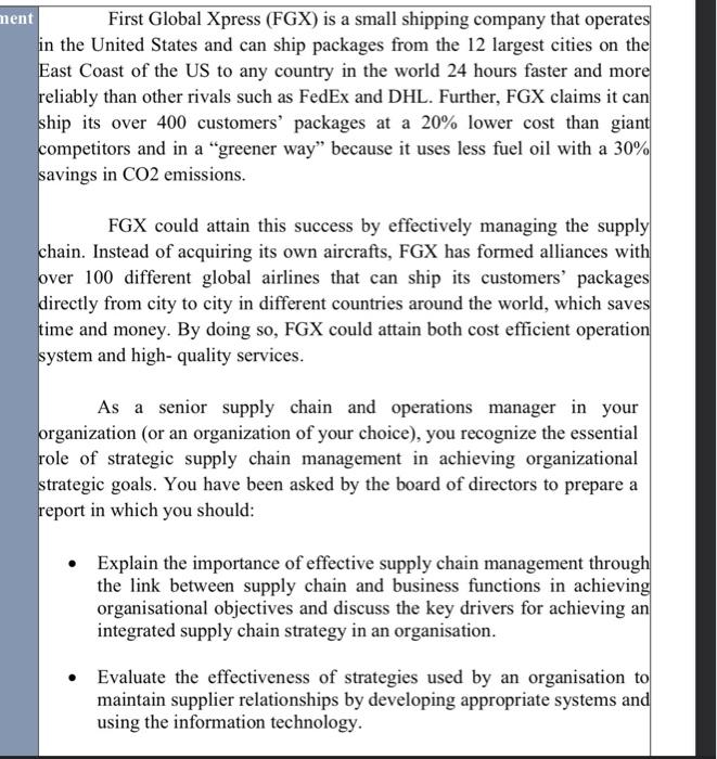 Solved ment First Global Xpress (FGX) is a small shipping | Chegg.com