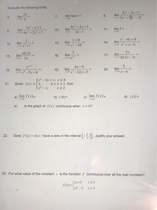 Solved Name AP Calculus AB - Limits & Continuity Review 1 | Chegg.com