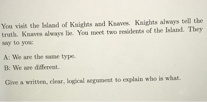 Solved You visit the Island of Knights and Knaves. Knights | Chegg.com