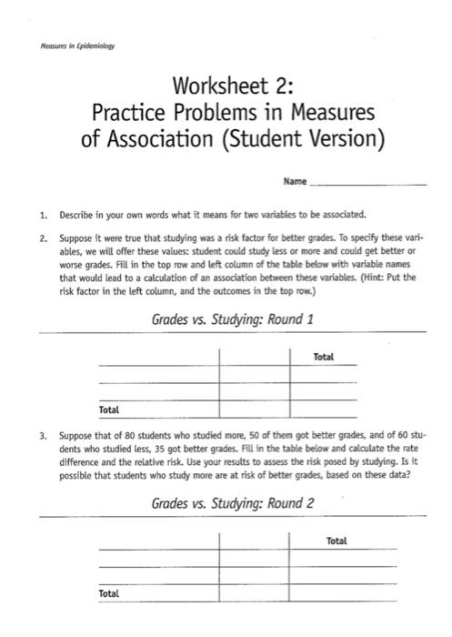 Solved Measures in Epidemiology Worksheet 2: Practice | Chegg.com