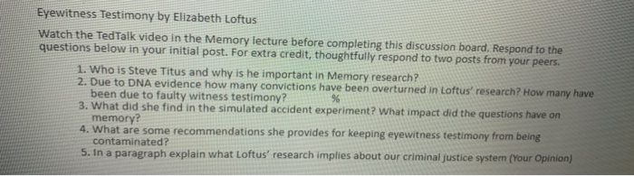 Solved Eyewitness Testimony by Elizabeth Loftus Watch the | Chegg.com