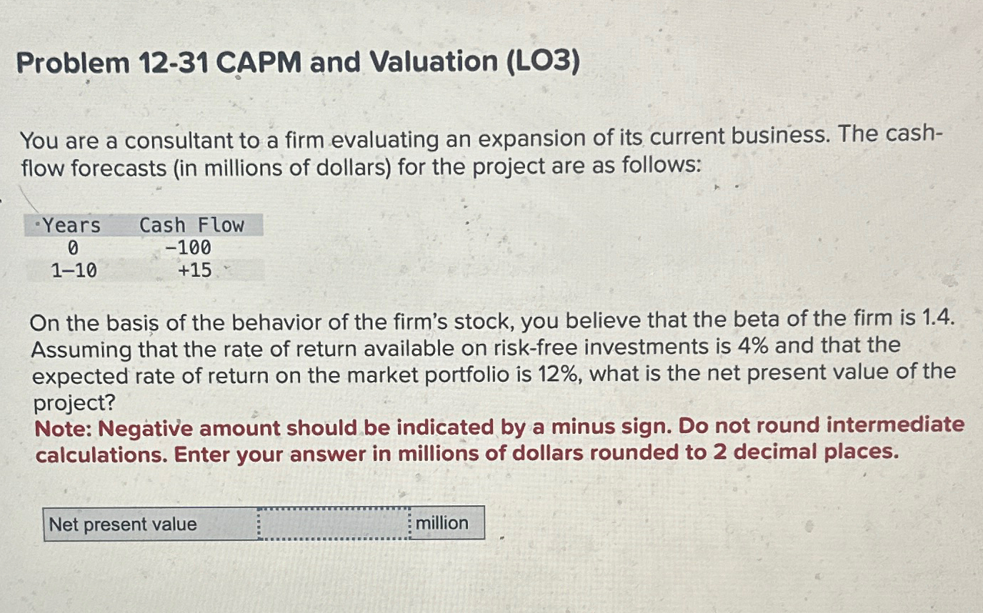 Solved Problem 12-31 ﻿CAPM and Valuation (LO3)You are a | Chegg.com
