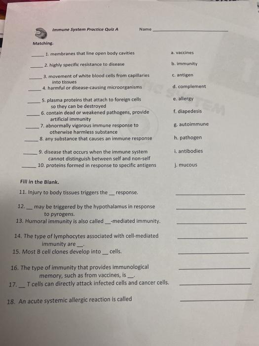 Solved Immune System Practice Quiz A Name Matching 1. | Chegg.com