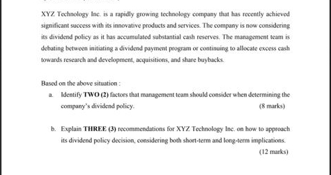 Solved XYZ Technology Inc. is a rapidly growing technology | Chegg.com